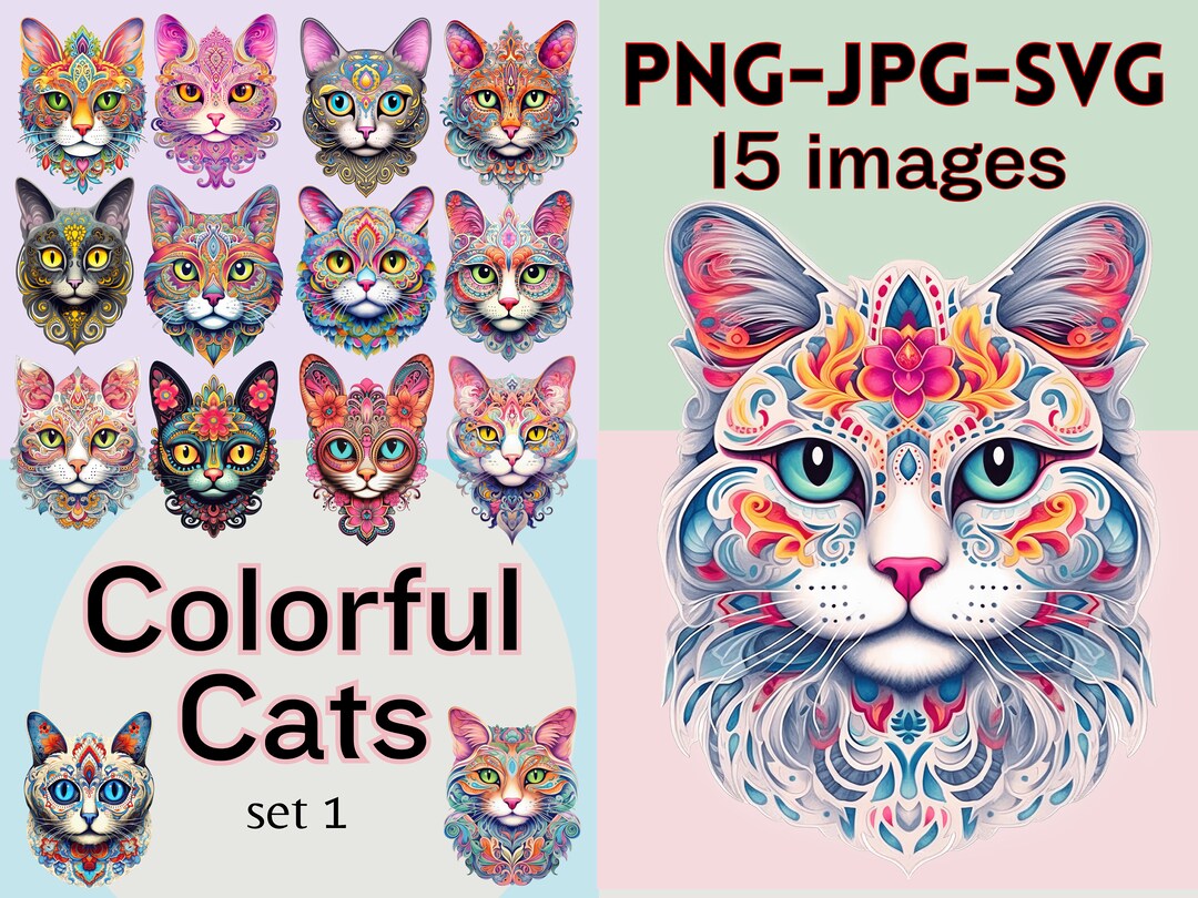 Colorful Cat Clipart, Wall Art Quality, 15 Images, Commercial License ...