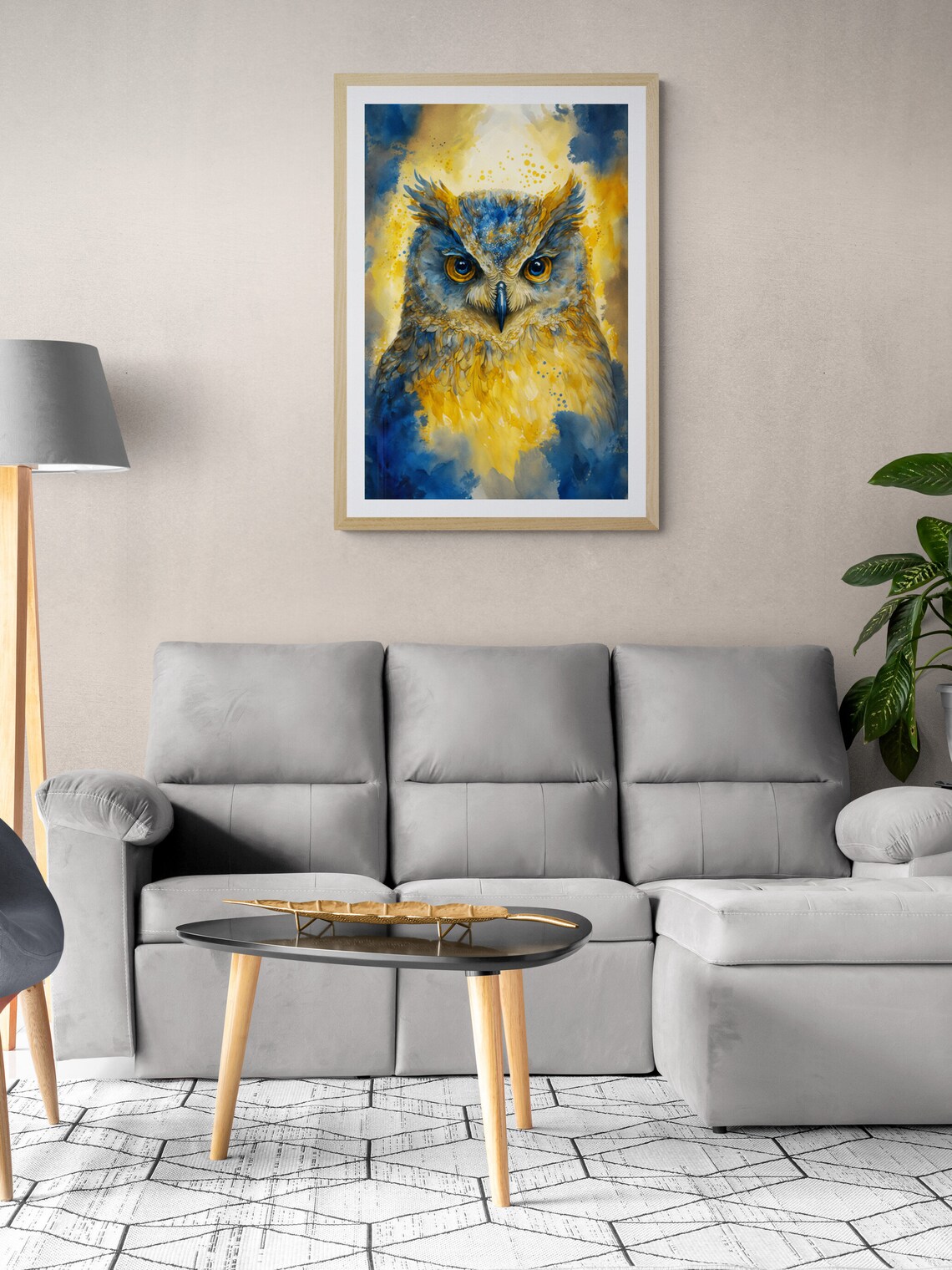 Owl Poster Print Digital Download Blue and Gold Watercolor - Etsy