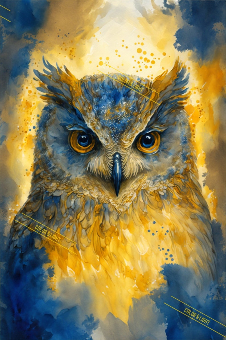 Owl Poster Print Digital Download Blue and Gold Watercolor - Etsy