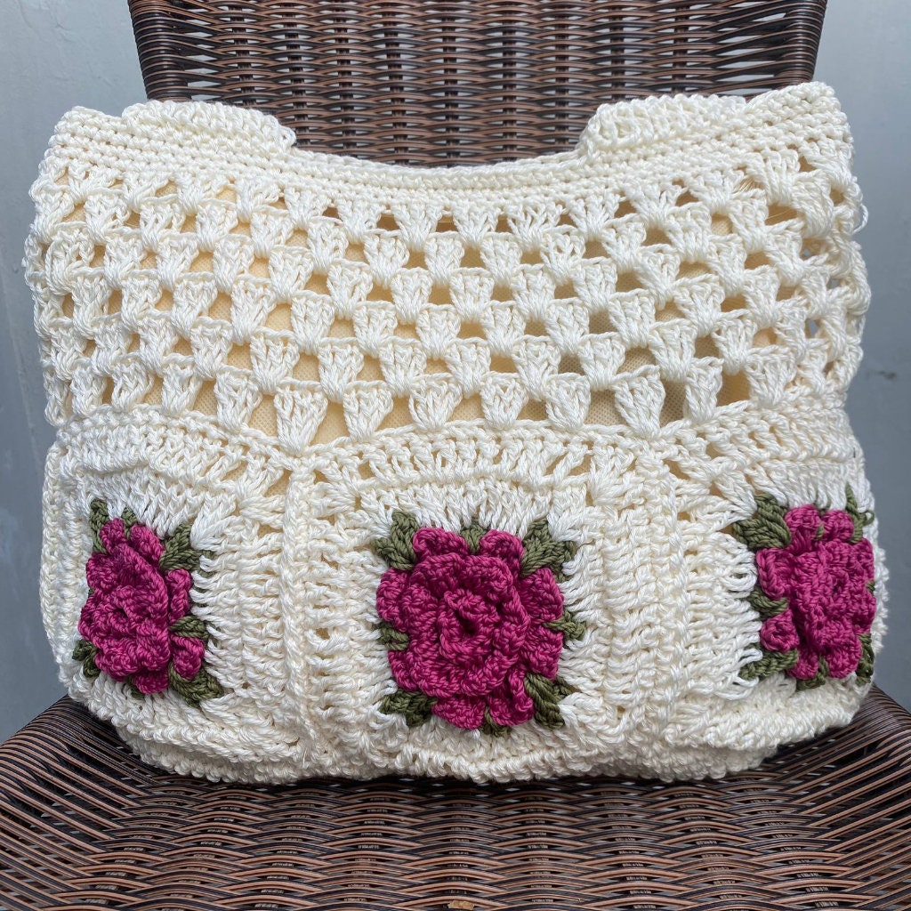 Rose Flower Crochet Tote Bag Large Crochet Bag Handmade - Etsy
