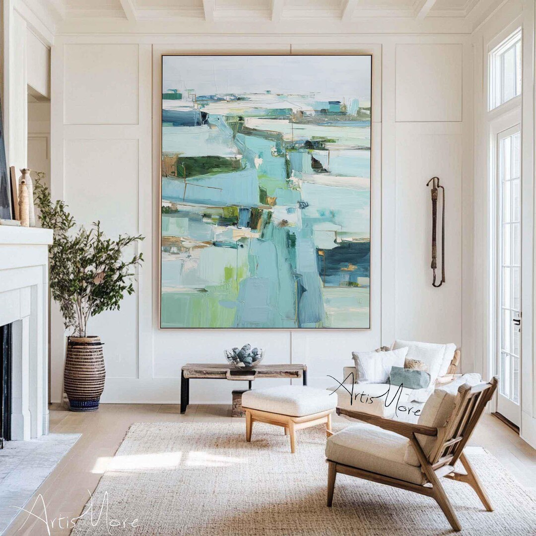 Light Blue Texture Painting on Canvas Blue & Green Abstract Minimalist ...