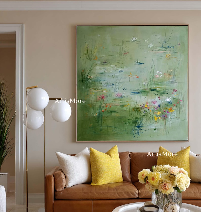 Green Abstract Water Lily Pond Oil Painting Large Minimalist Botanical ...