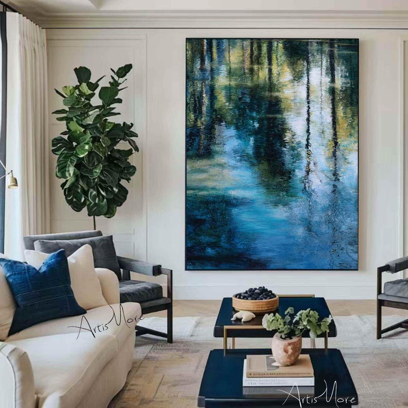 Abstract Lake Landscape Oil Painting Blue Green Forest Reflection ...