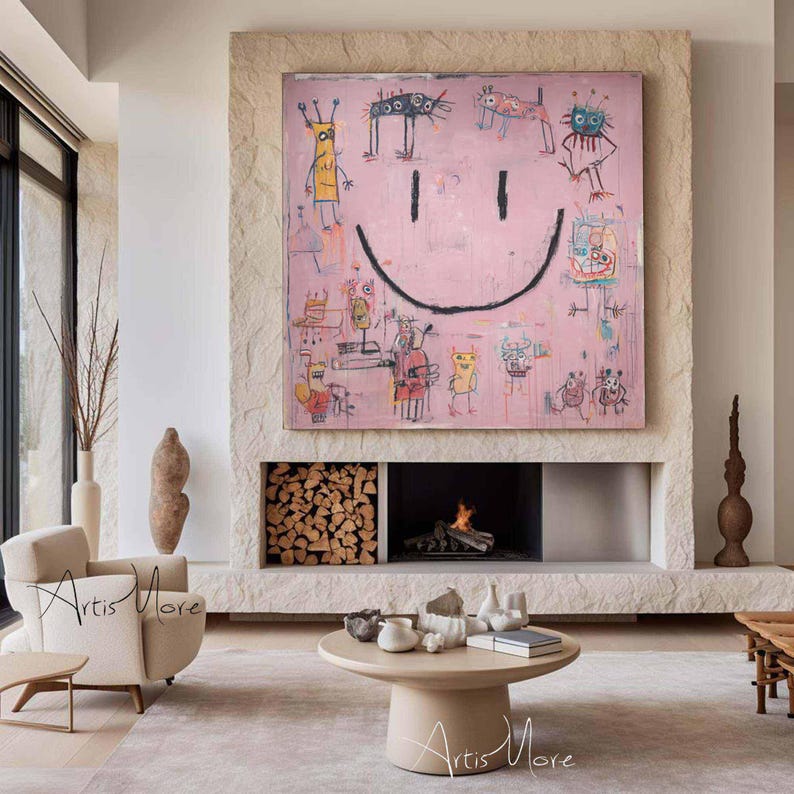 Large Pink Smiley Face Canvas Art Neo-expressionist Graffiti Oil ...