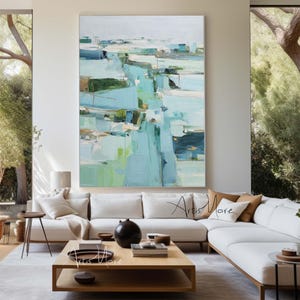 Light Blue Texture Painting on Canvas Blue & Green Abstract Minimalist ...