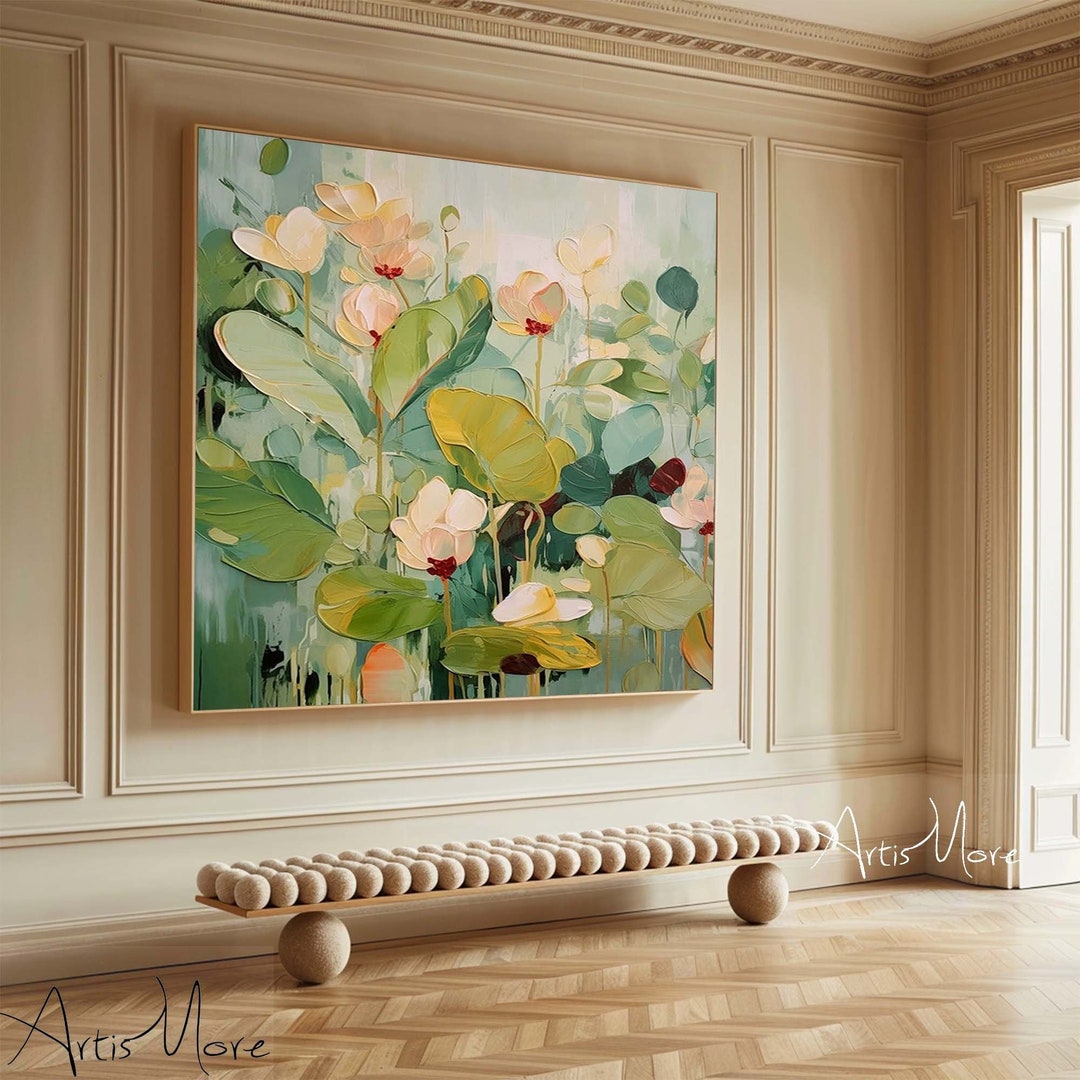 Abstract Green Flower Textured Painting on Canvas Abstract Floral Art ...