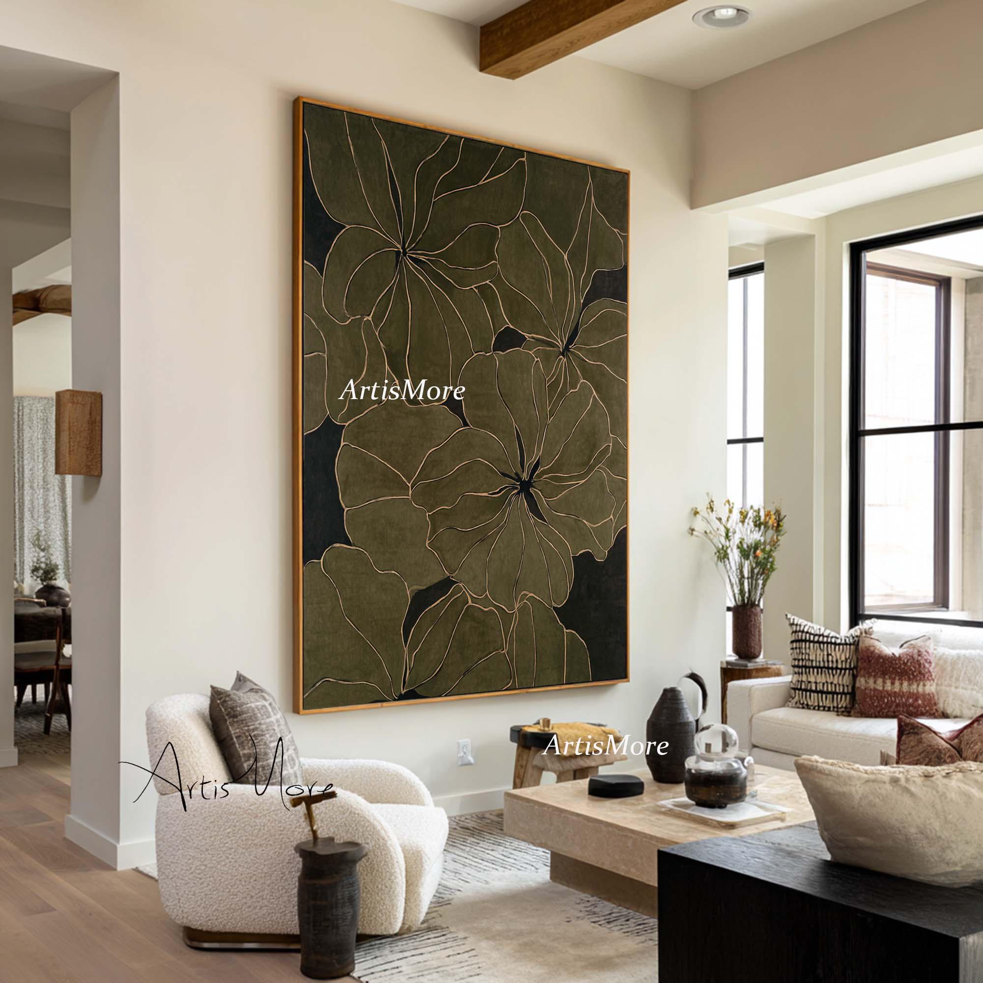 Wabi Sabi Abstract Floral Painting Dark Green Mid Century Modern Canvas ...