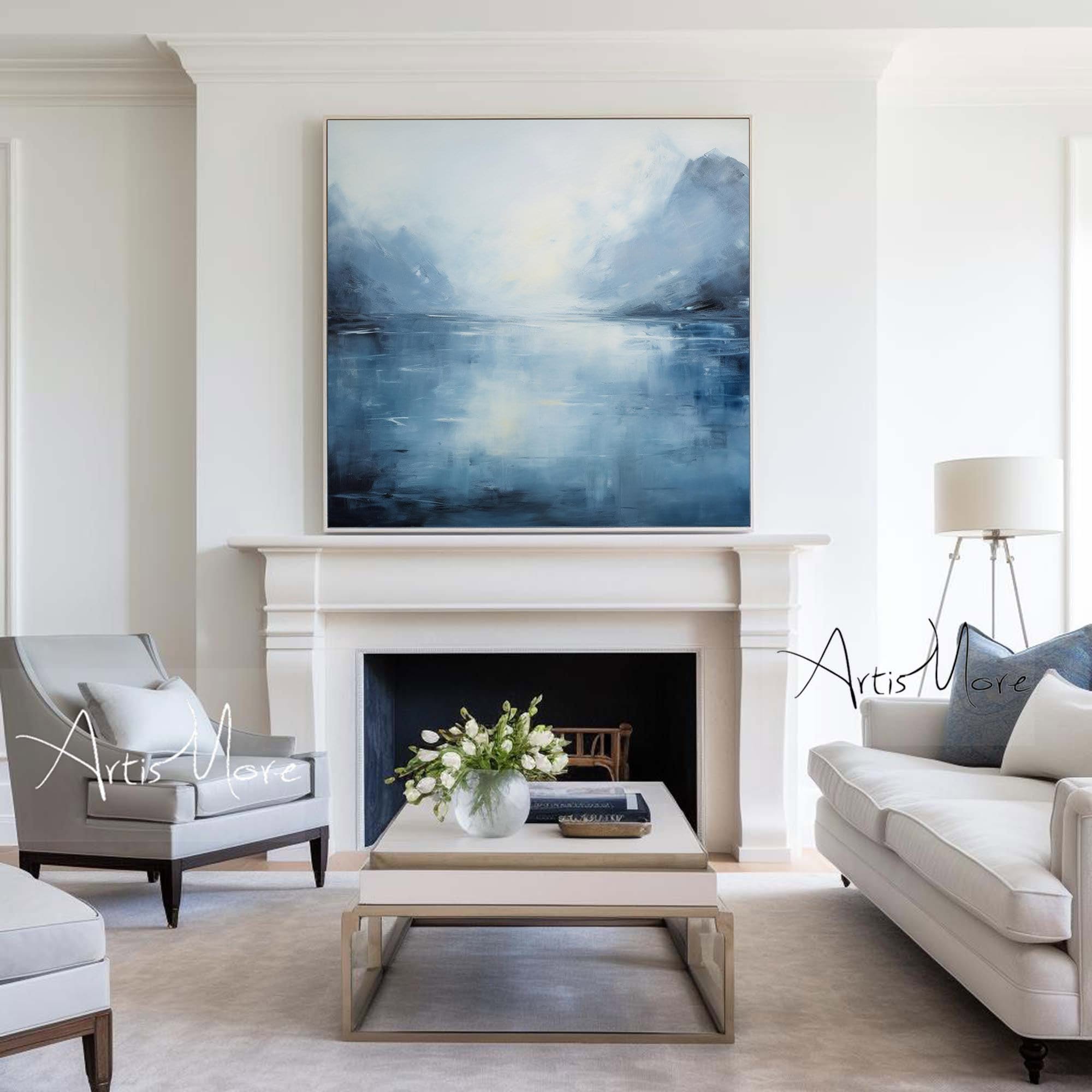 Large Blue Wall Art Blue Abstract Landscape Painting Blue Texture ...