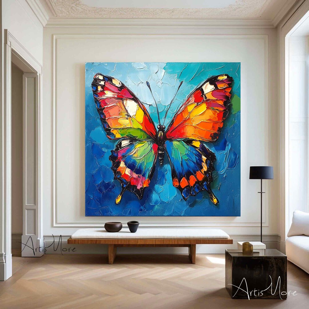 Large Blue Wall Art Colorful Butterfly Texture Painting on Canvas ...