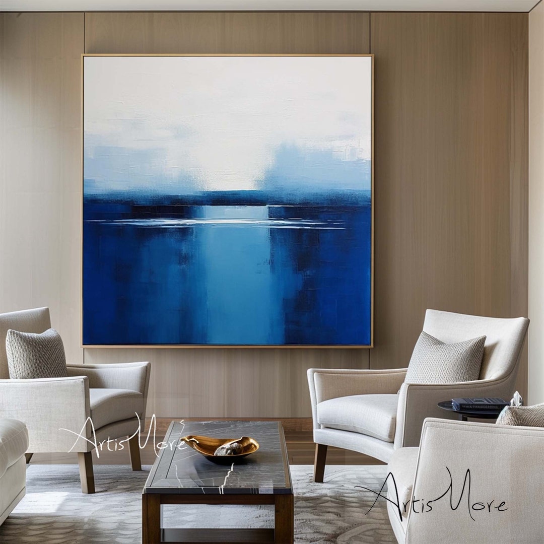 Cool Blue Wall Art Blue & White Abstract Minimalist Painting Large Navy ...