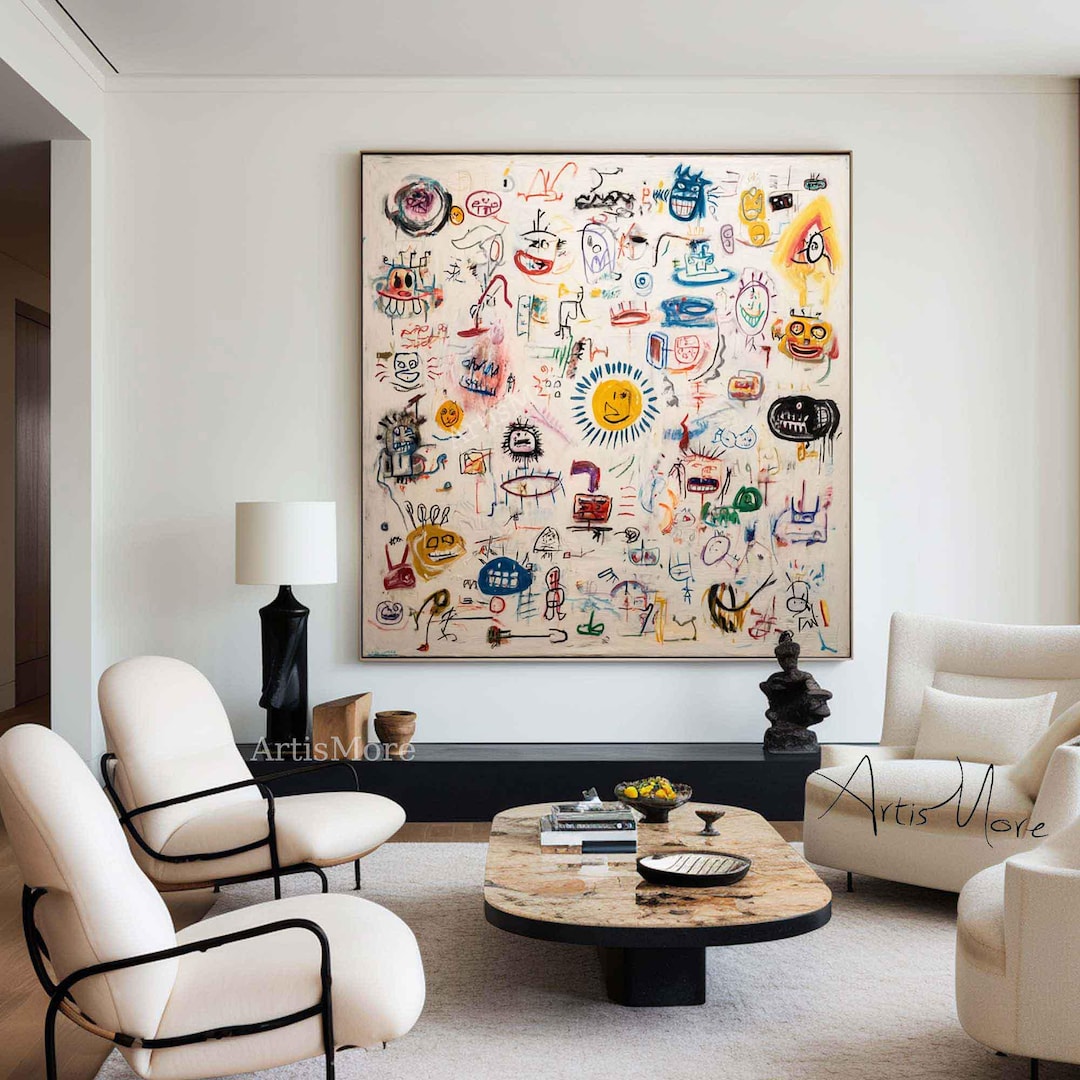 Large Abstract Graffiti Beige Wall Art Colorful Neo Expressionist ...