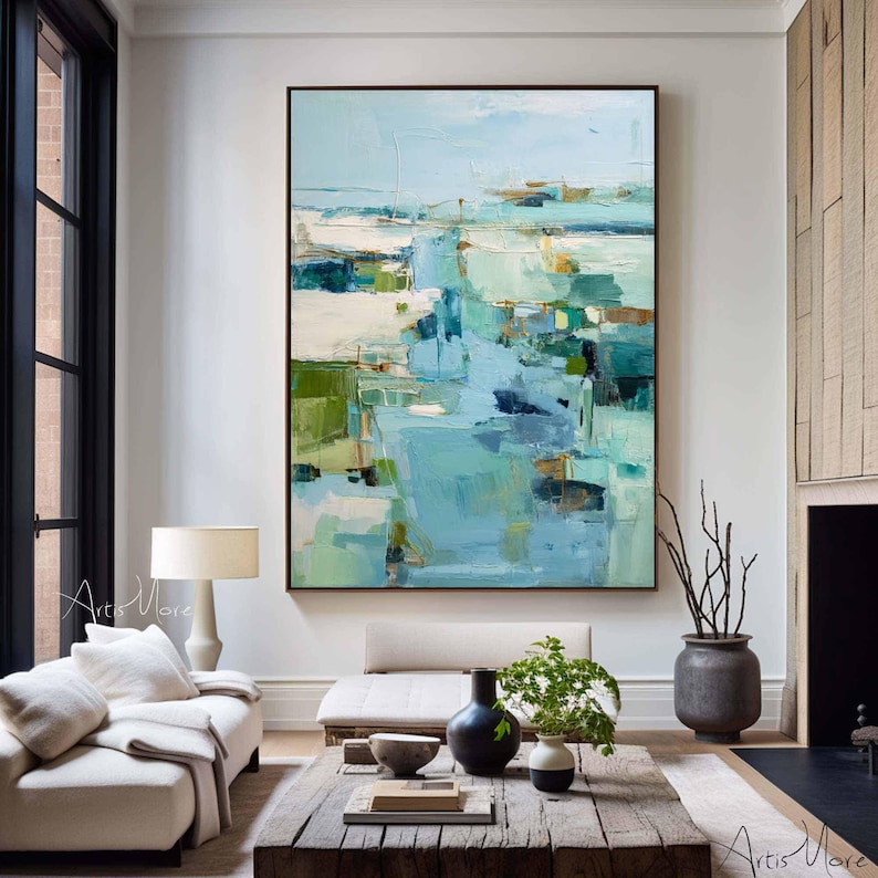 Blue & Green Abstract Minimalist Painting Contemporary Textured Canvas ...