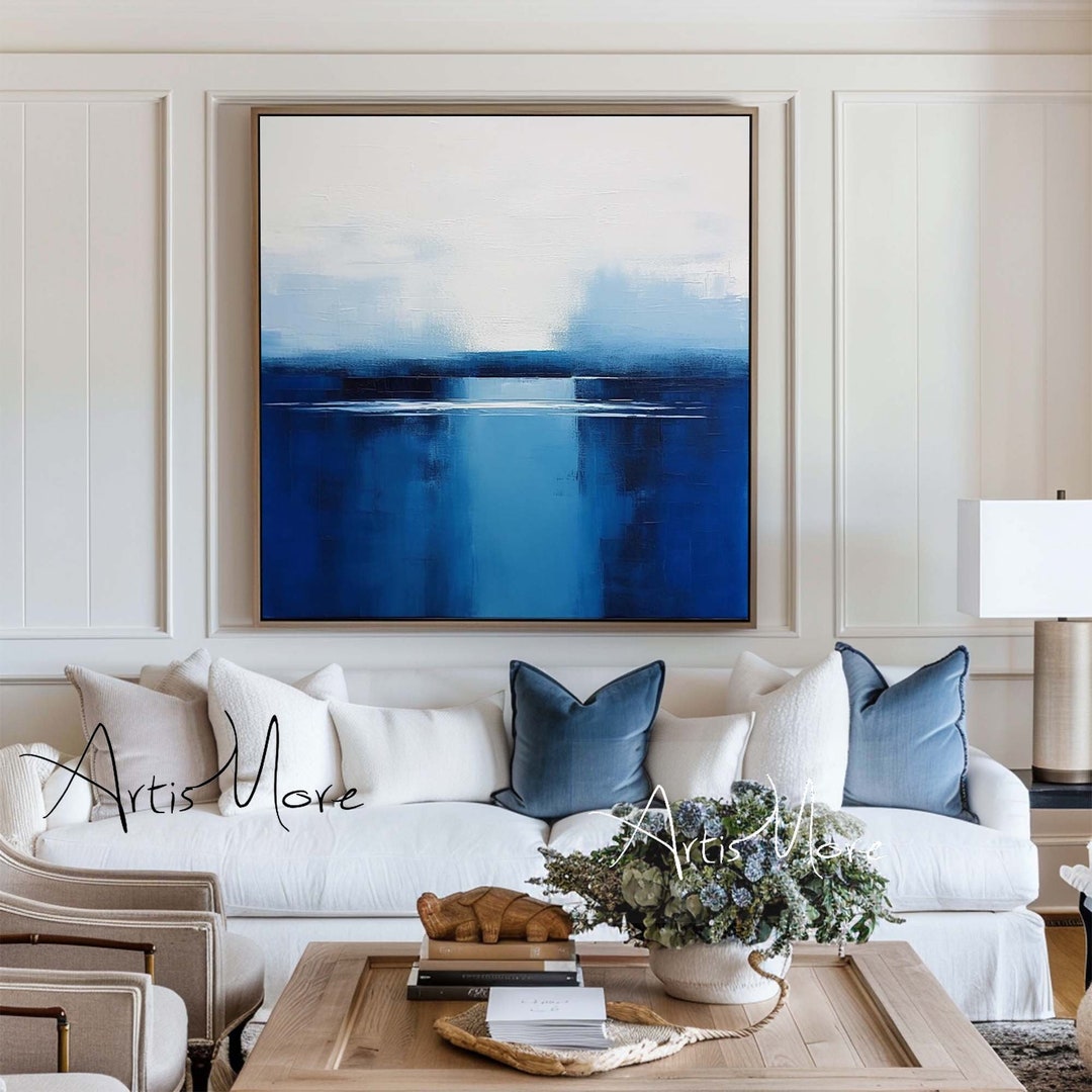 Blue and White Abstract Painting Large Navy Texture Wall Art Modern ...