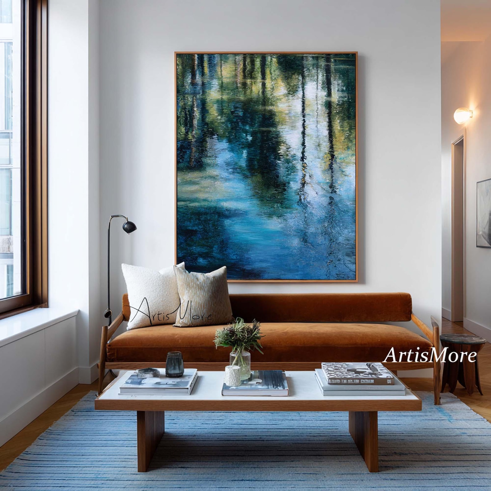 Abstract Lake Landscape Oil Painting Blue Green Forest Reflection ...