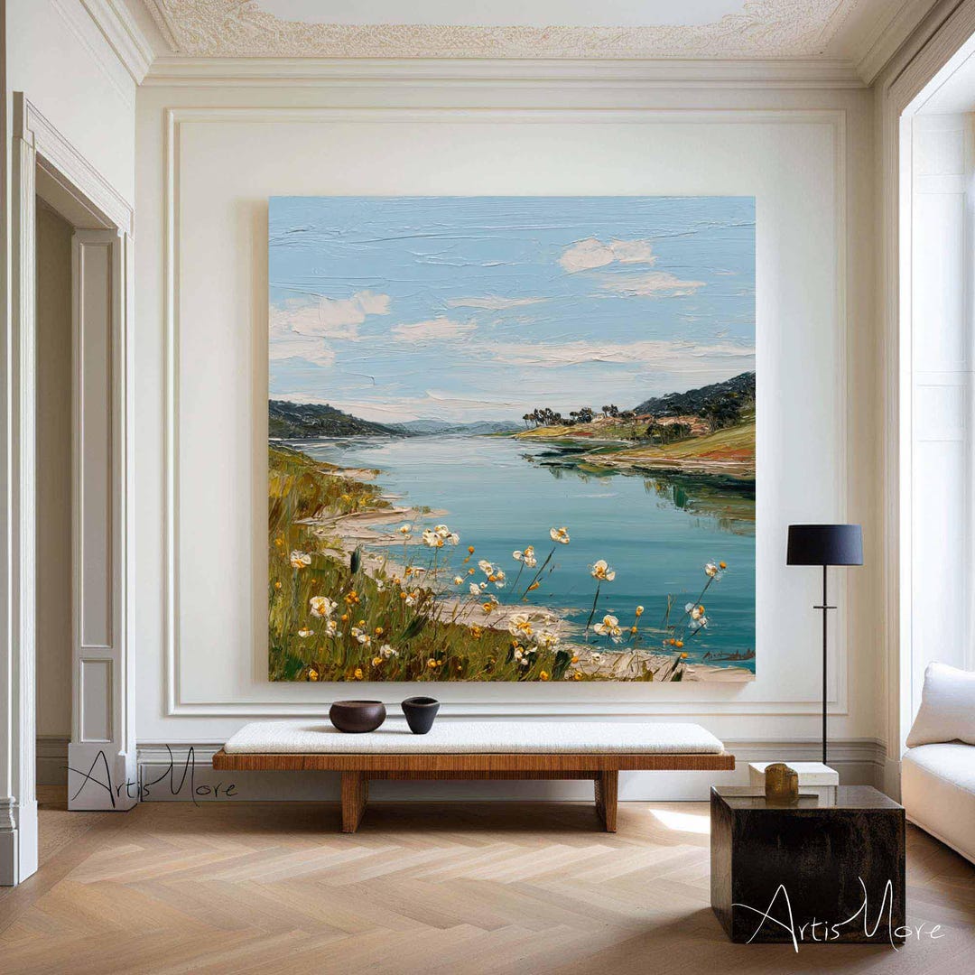Abstract Lake Landscape Oil Painting: Blue Green Countryside Art - Etsy