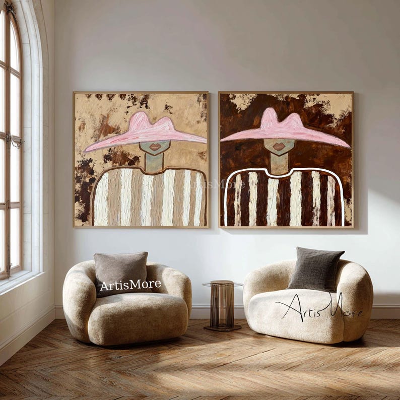 Set of 2 Vintage Figurative Paintings Original Abstract Woman Portrait ...