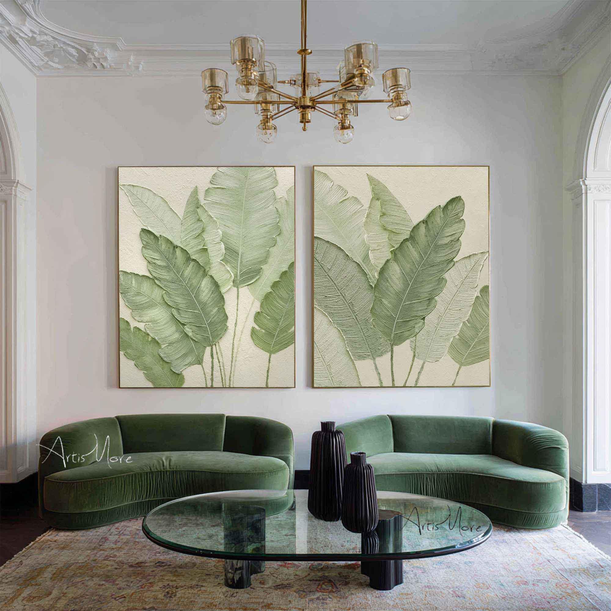 Green Textured Tropical Leaf Canvas Painting Large Sage Green Botanical ...