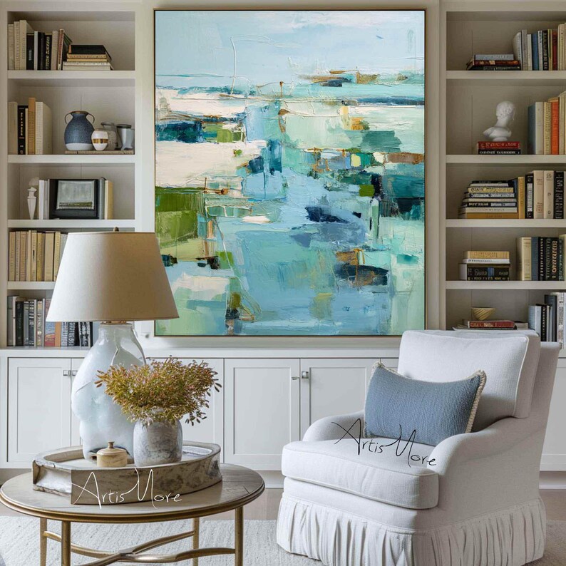 Blue & Green Abstract Minimalist Painting Contemporary Textured Canvas ...