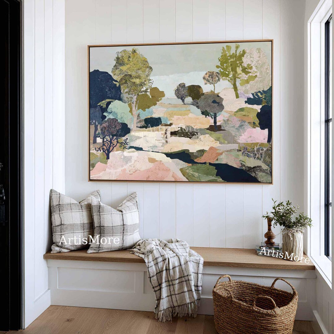 Original Abstract Countryside Landscape Oil Canvas Soft Green Pastoral ...