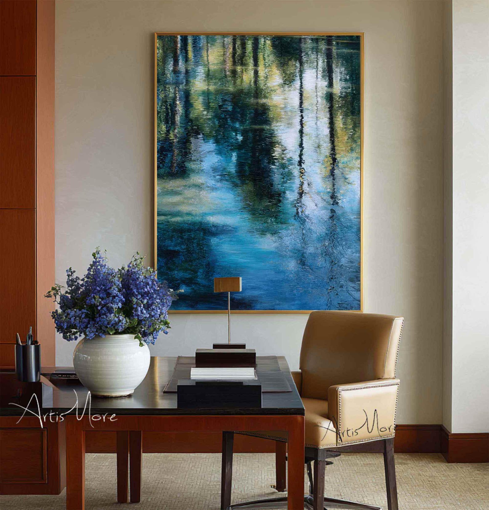 Abstract Lake Landscape Oil Painting Blue Green Forest Reflection ...