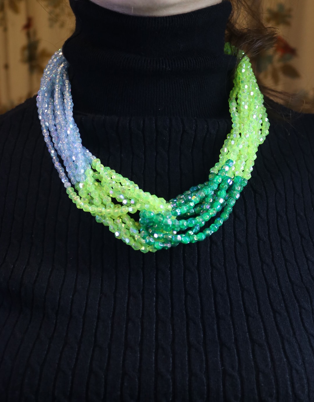 Multi Strand Bead Necklace,black, Green, Lime Green and Blue Beads ...