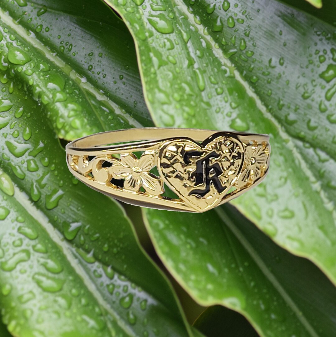 14K Gold Hawaiian Style Initial Heart Ring Made in Hawaii Floral Scroll ...