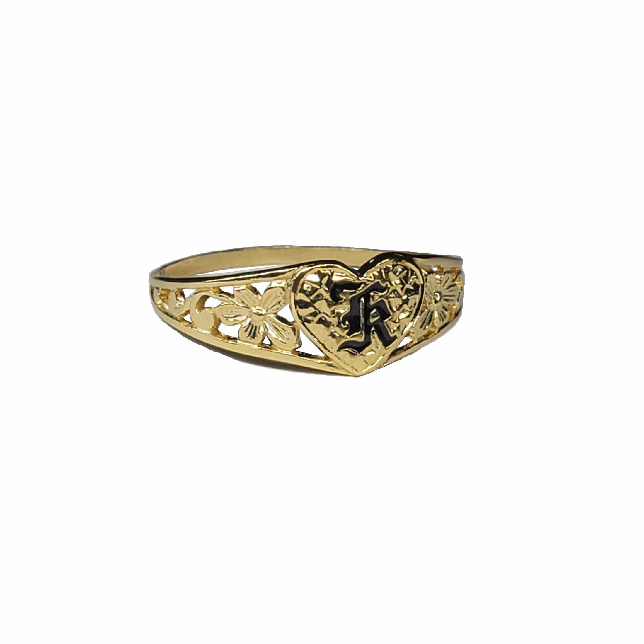 14K Gold Hawaiian Style Initial Heart Ring Made in Hawaii Floral Scroll ...