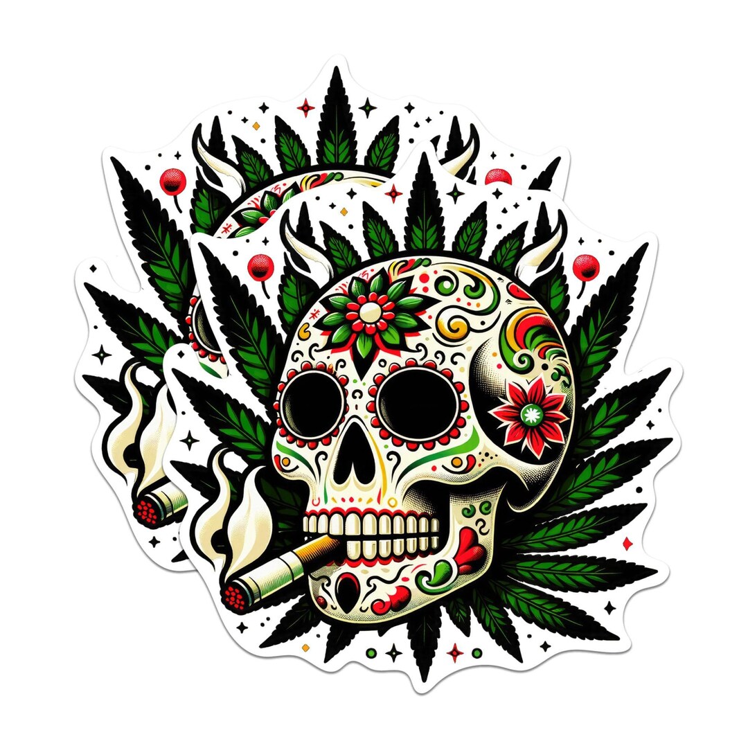 Sugar Skull Smoking Weed Stickers Cool Marijuana 420 Toker Sticker 5 2 ...