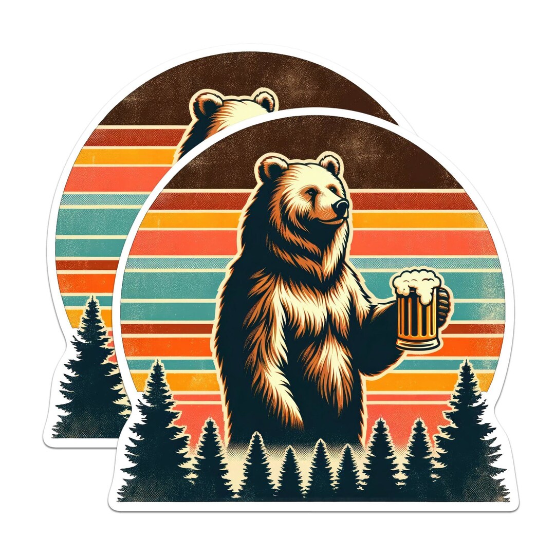Bear Holding Beer in Wilderness Stickers - Nature Hiker Hiking ...