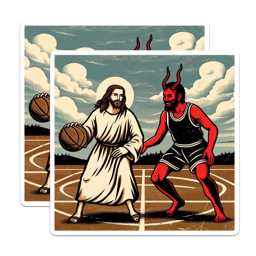 Jesus Playing the Devil Stickers, Funny Religious Battle Good Vs Evil ...