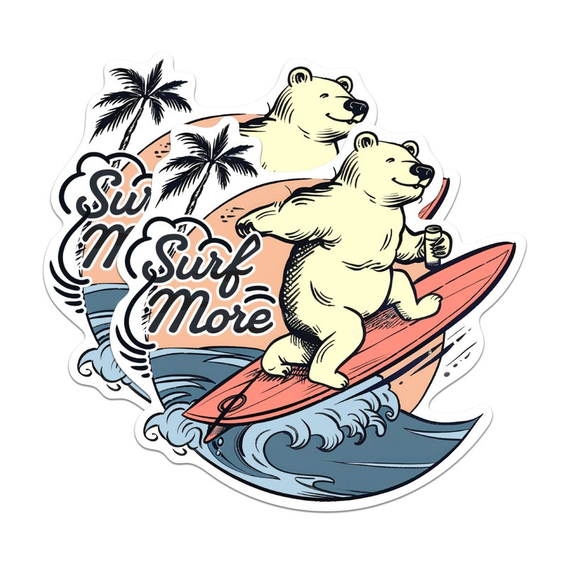 Surf More Polar Bear Stickers Cool Retro Surfing Bear Sticker Surfer ...