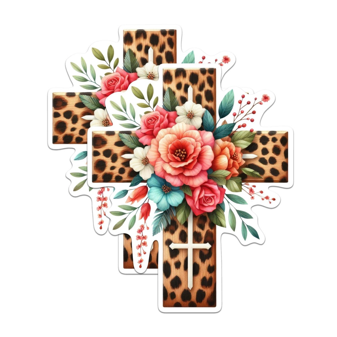 2 Leopard Cross Stickers, Floral Cross Stickers, Christian Decals ...