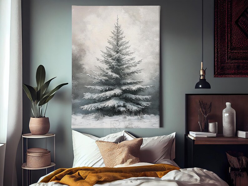 Winter Tree Canvas: Vintage Christmas Painting, Holiday Wall Art - Etsy