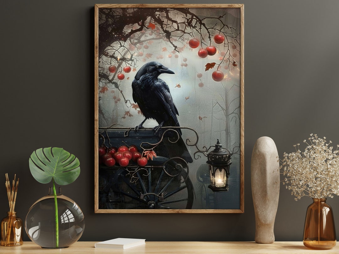 Vintage Dark Crow Painting, Retro Raven Art Print, Crow Canvas Print ...