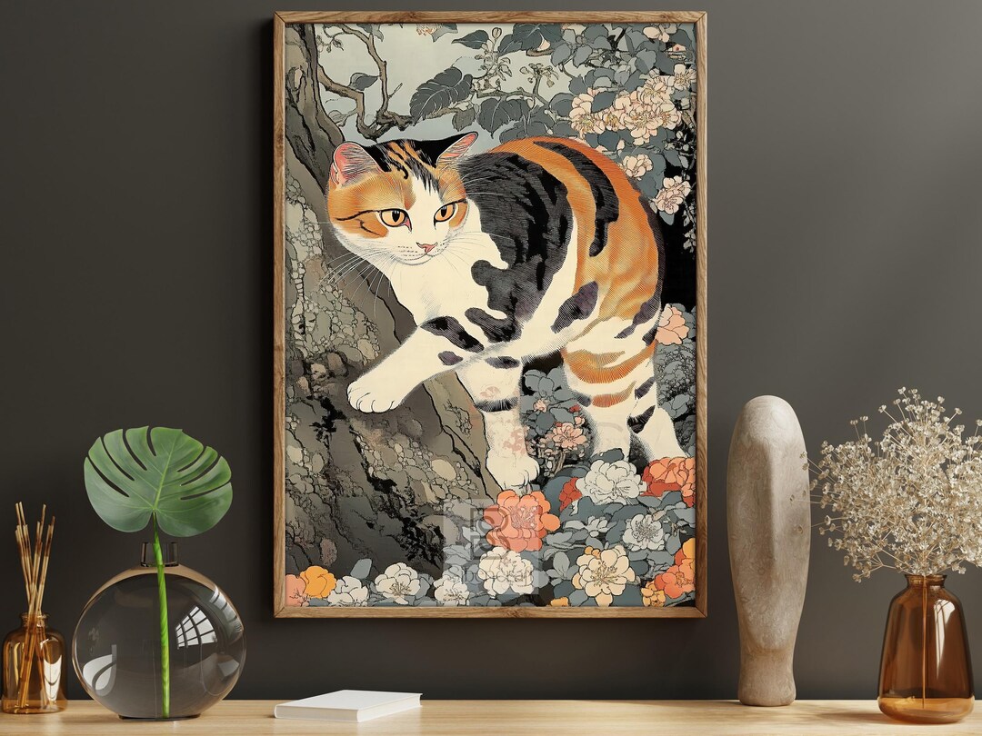 Japanese Calico Cat Canvas Print: Floral Wall Art - Etsy
