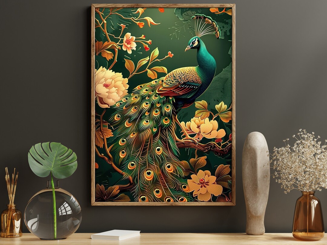 Vintage Peacock Painting, Retro Peacock Art Print, Cottage Peacock ...