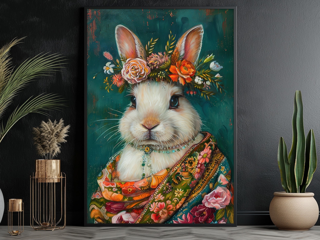 Vintage Floral Rabbit Canvas Print, Wild Rabbit Poster Print, Animal ...