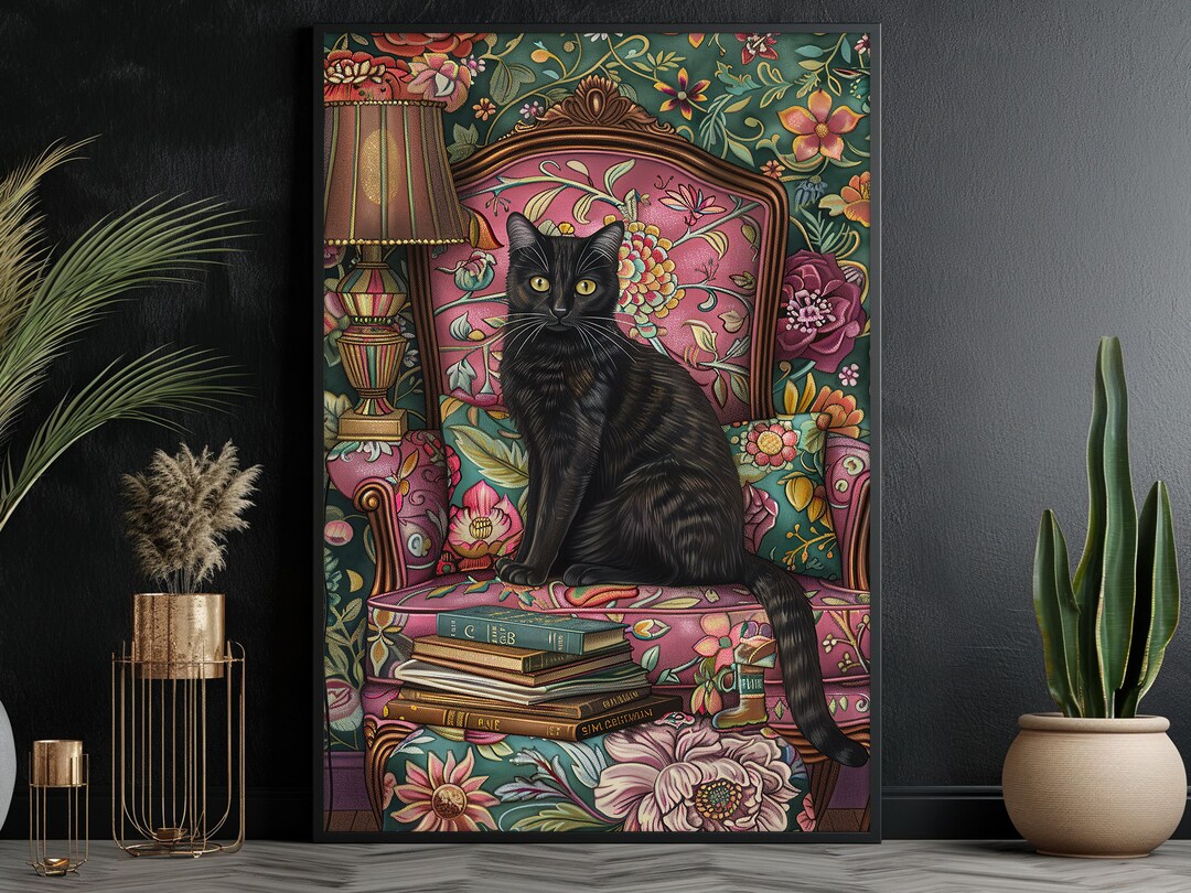 Cottage Black Cat on Sofa Canvas Print, Animal Poster Print, Room Wall ...