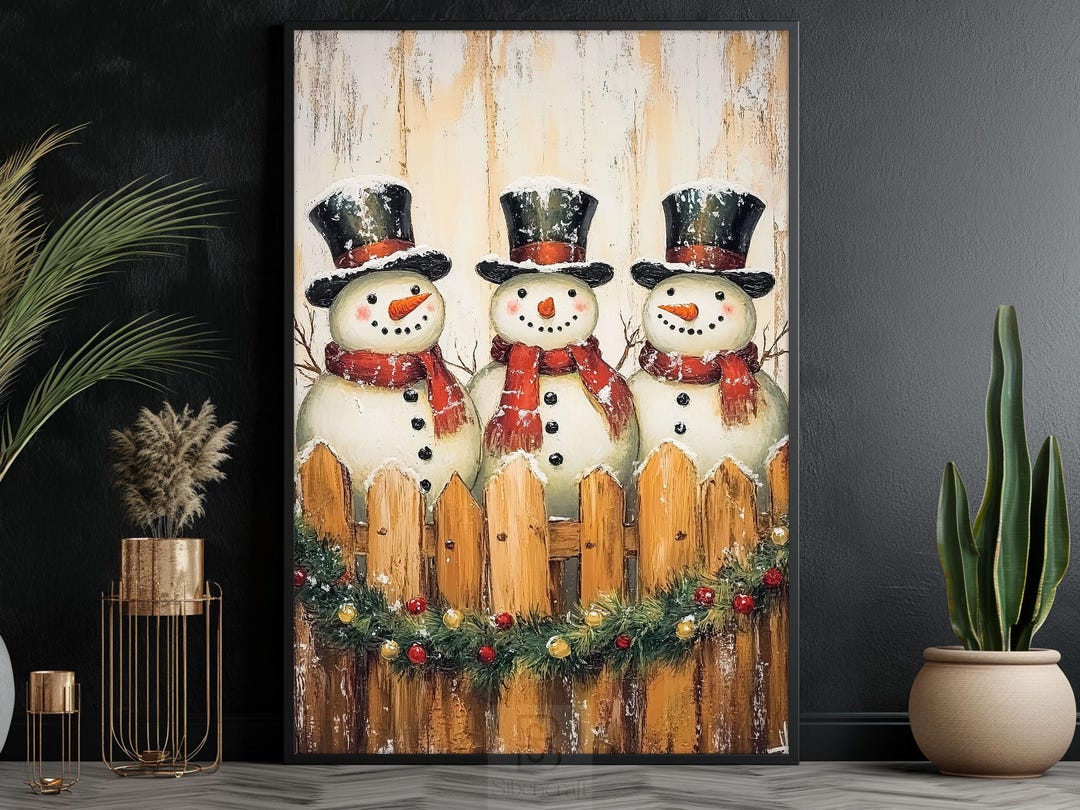 Vintage Three Snowmen Canvas, Warm Xmas Holiday Poster Print, Christmas ...
