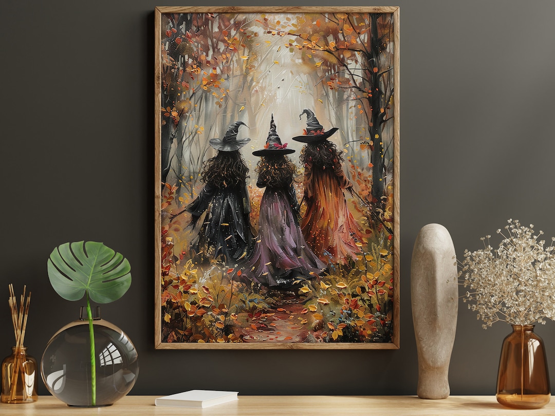 Three Witches in Autumn Forest Canvas Print - Halloween Wall Art - Etsy