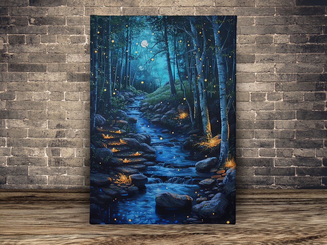 Vintage Forest at Night Painting, Forest Art Print, Landscape Canvas ...