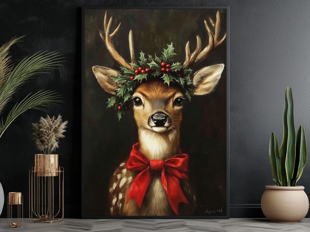Vintage Christmas Reindeer Painting, Santa's Deer Canvas, Cottage ...