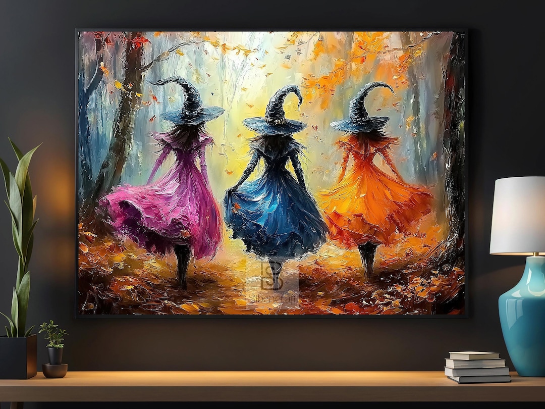 Three Witches Canvas Print, Autumn Forest Magic Poster, Colorful ...