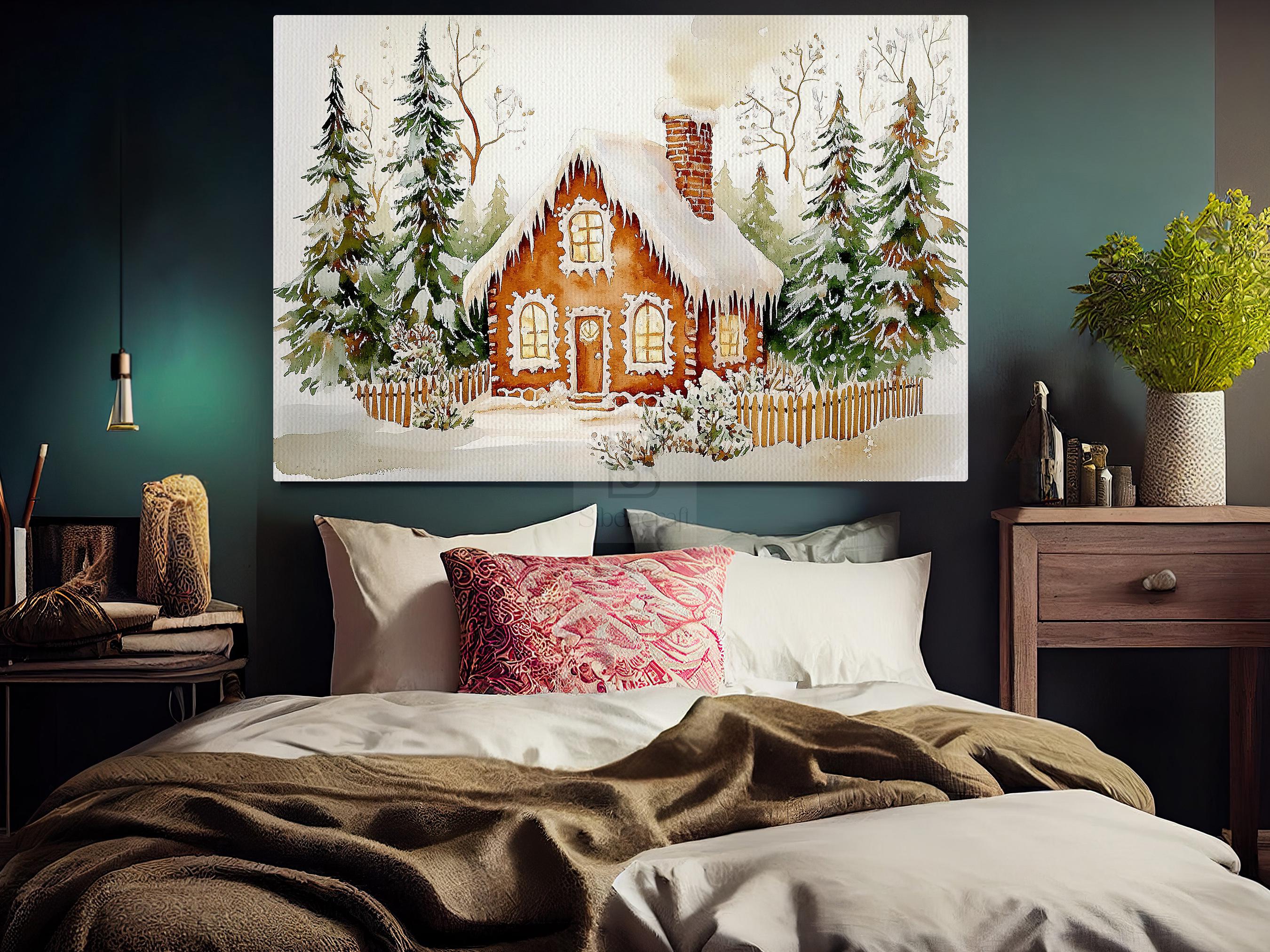 Gingerbread House Christmas Canvas Print: Snowy Winter Cottage Art - Etsy
