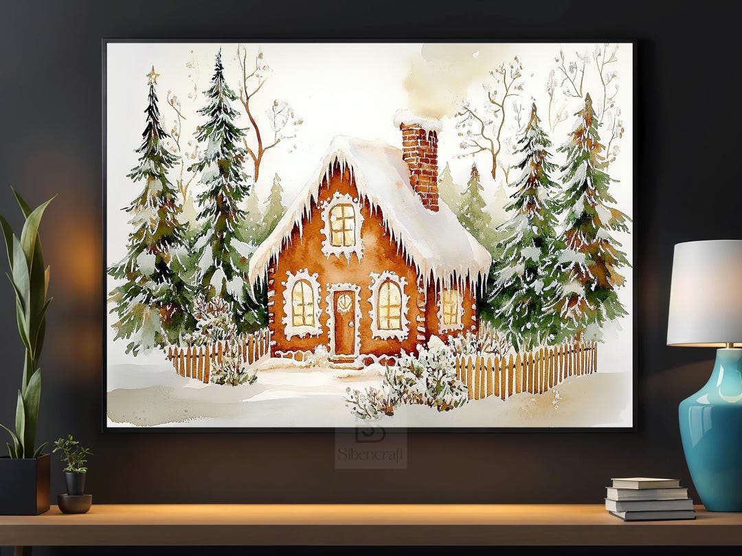 Gingerbread House Christmas Canvas Print: Snowy Winter Cottage Art - Etsy