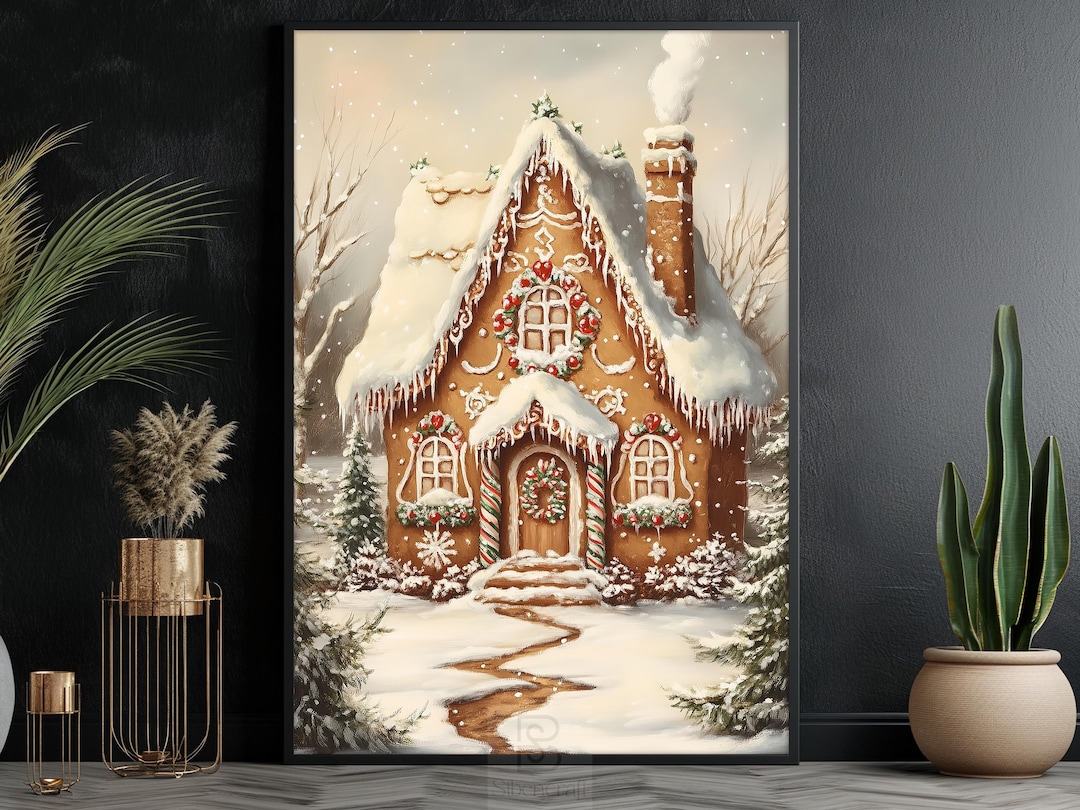 Vintage Gingerbread House Painting: Cozy Christmas Canvas Art - Etsy