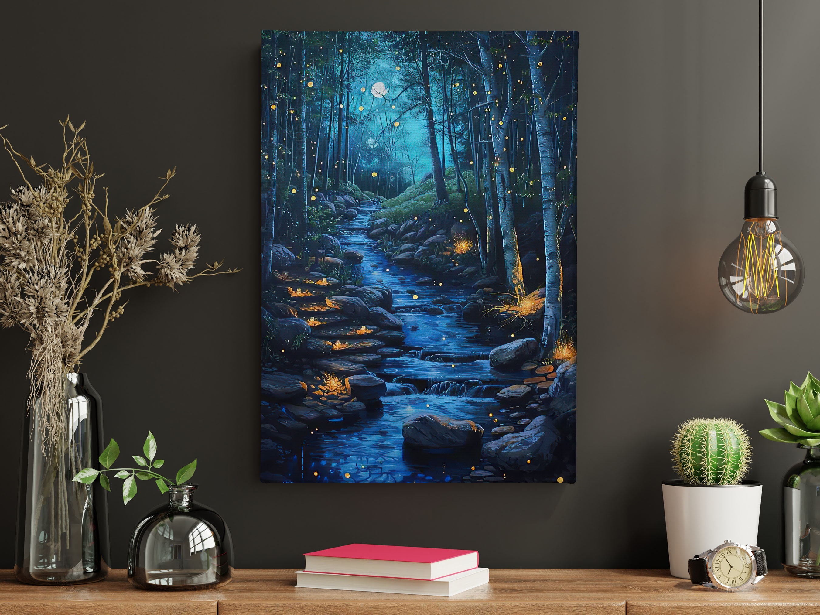 Vintage Forest at Night Painting, Forest Art Print, Landscape Canvas ...