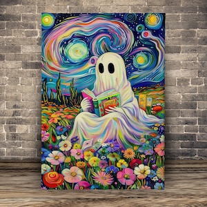 Van Gogh Style Ghost Reading Book Canvas Print, Halloween Poster Print ...