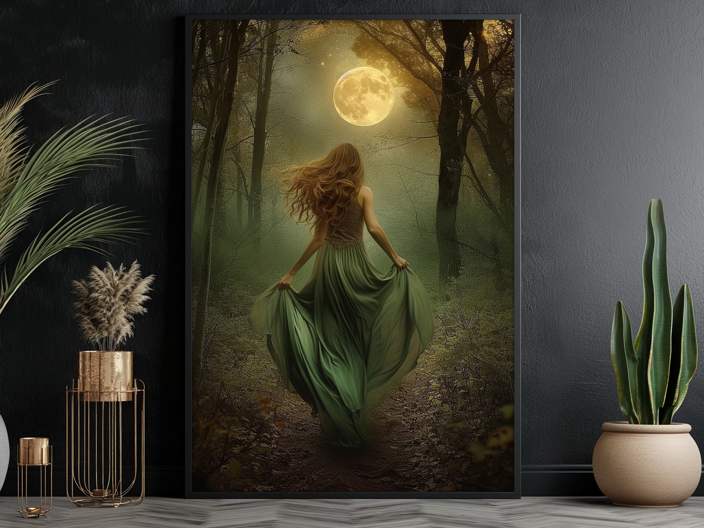 Mythical Woman Chasing the Moon Painting, Dark Gothic Woman Print ...