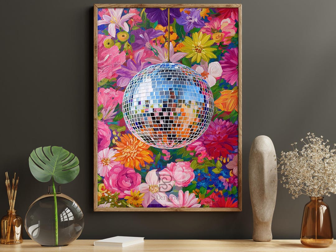 Floral Disco Canvas Print, Mirror Ball Garden Poster Print, Colorful ...
